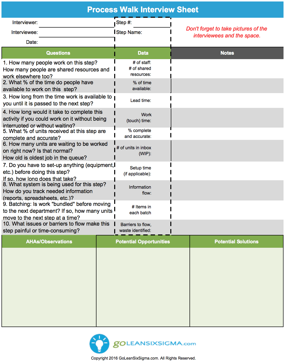 Process Walk Interview Sheet aka Gemba Walk Interview Sheet 